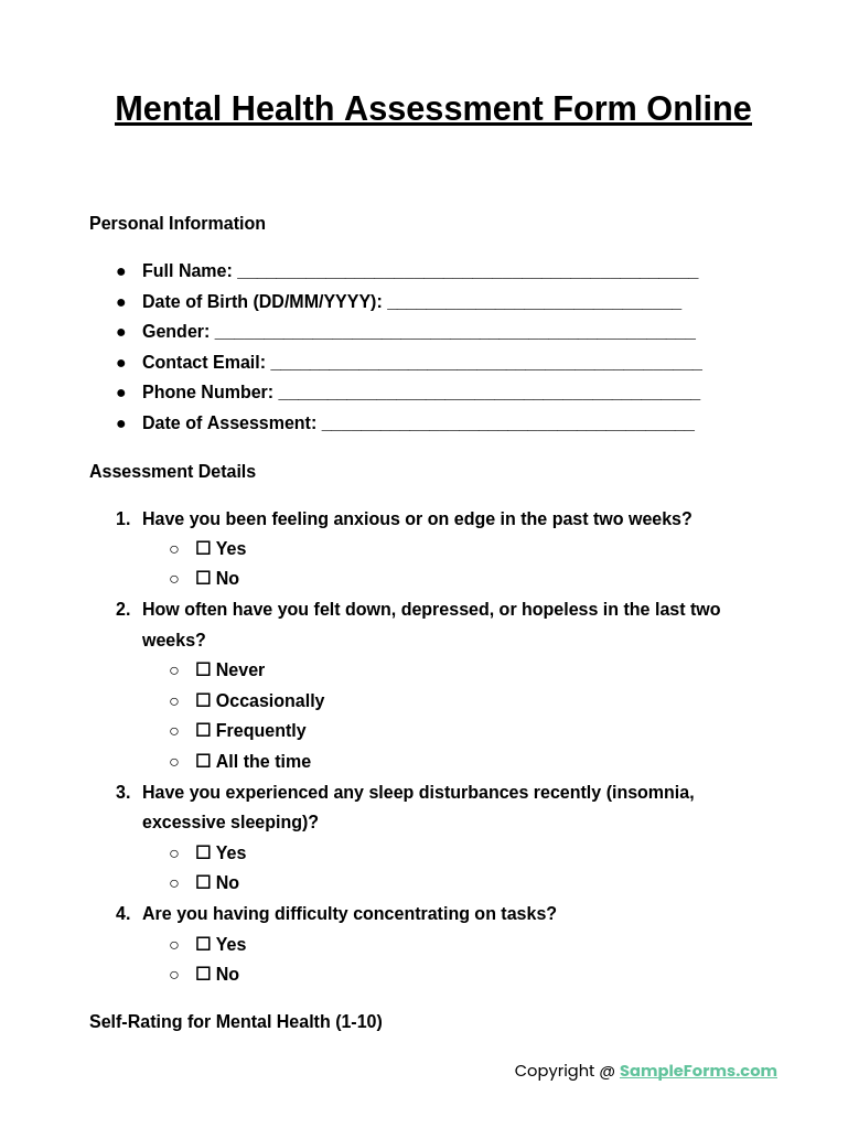 FREE 12+ Mental Health Assessment Form Samples, PDF, MS Word, Google Docs