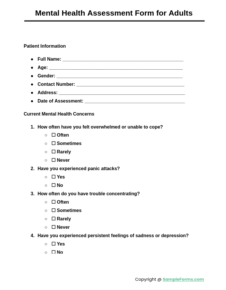 FREE 12+ Mental Health Assessment Form Samples, PDF, MS Word, Google Docs