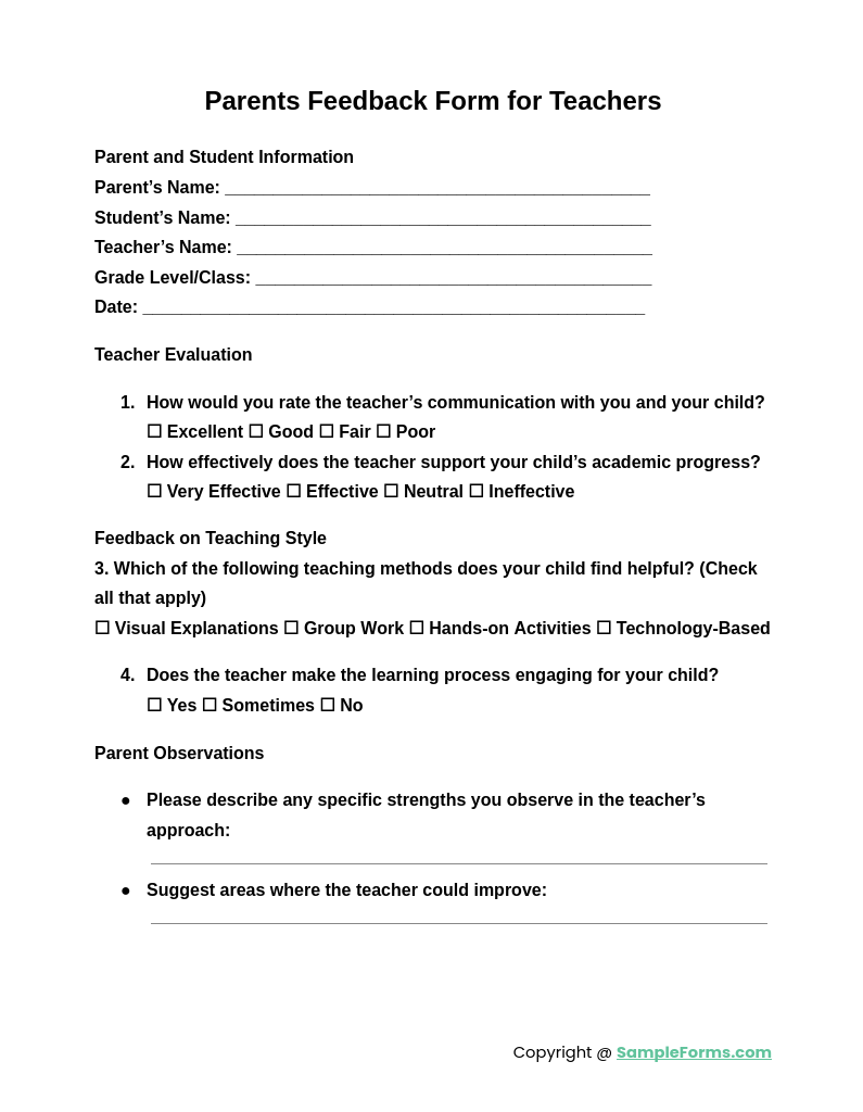 FREE 14+ Feedback Form for Parents Samples, PDF, MS Word, Google Docs