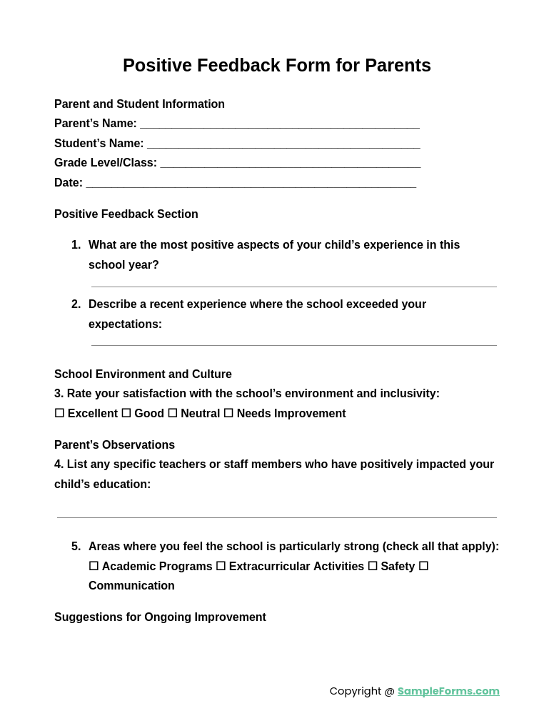 FREE 14+ Feedback Form for Parents Samples, PDF, MS Word, Google Docs