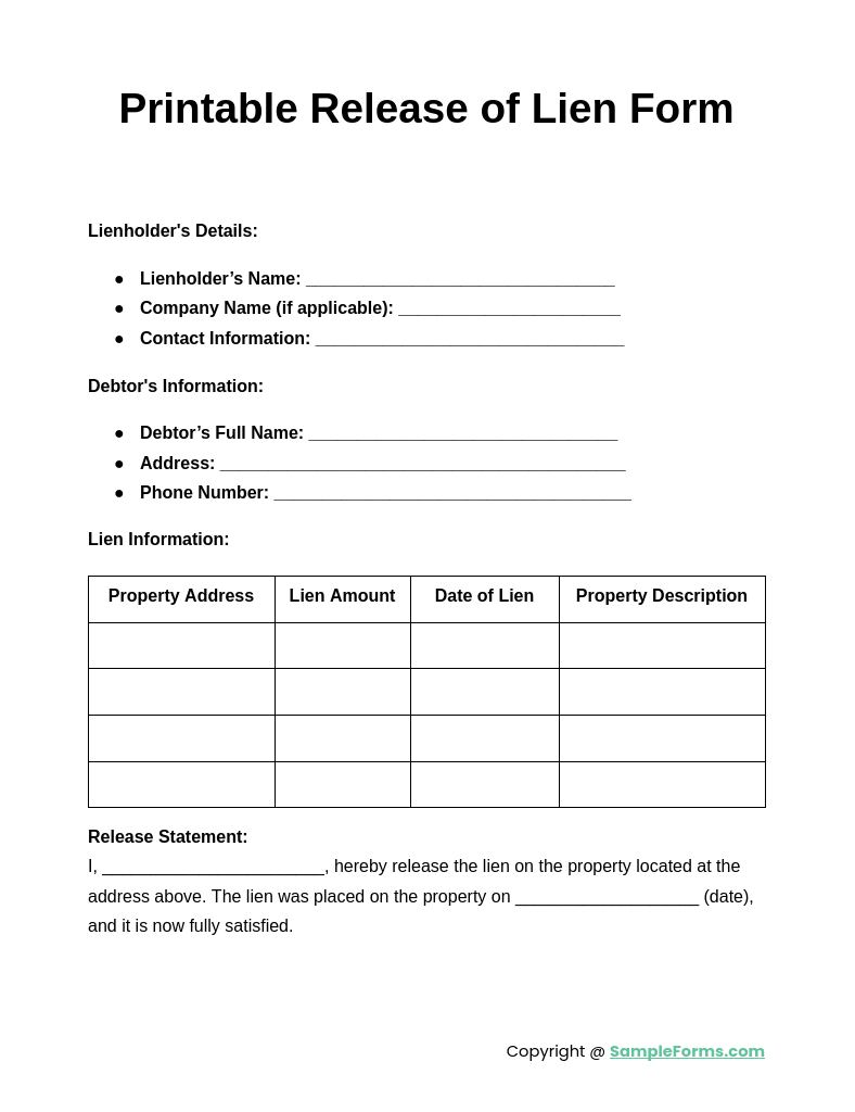 FREE 13+ Release of Lien Form Samples, PDF, MS Word, Google Docs