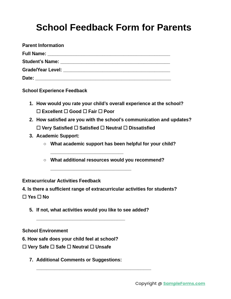 FREE 14+ Feedback Form for Parents Samples, PDF, MS Word, Google Docs