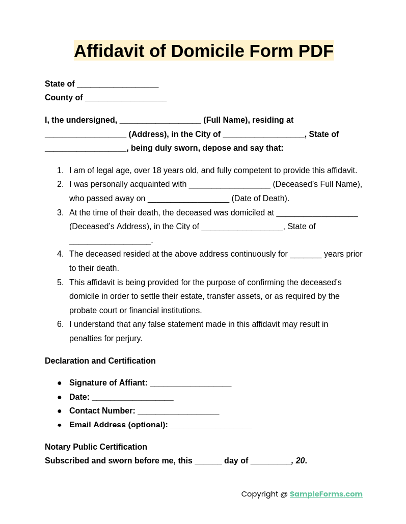 FREE 12+ Affidavit of Domicile Form Samples, PDF, MS Word, Google Docs