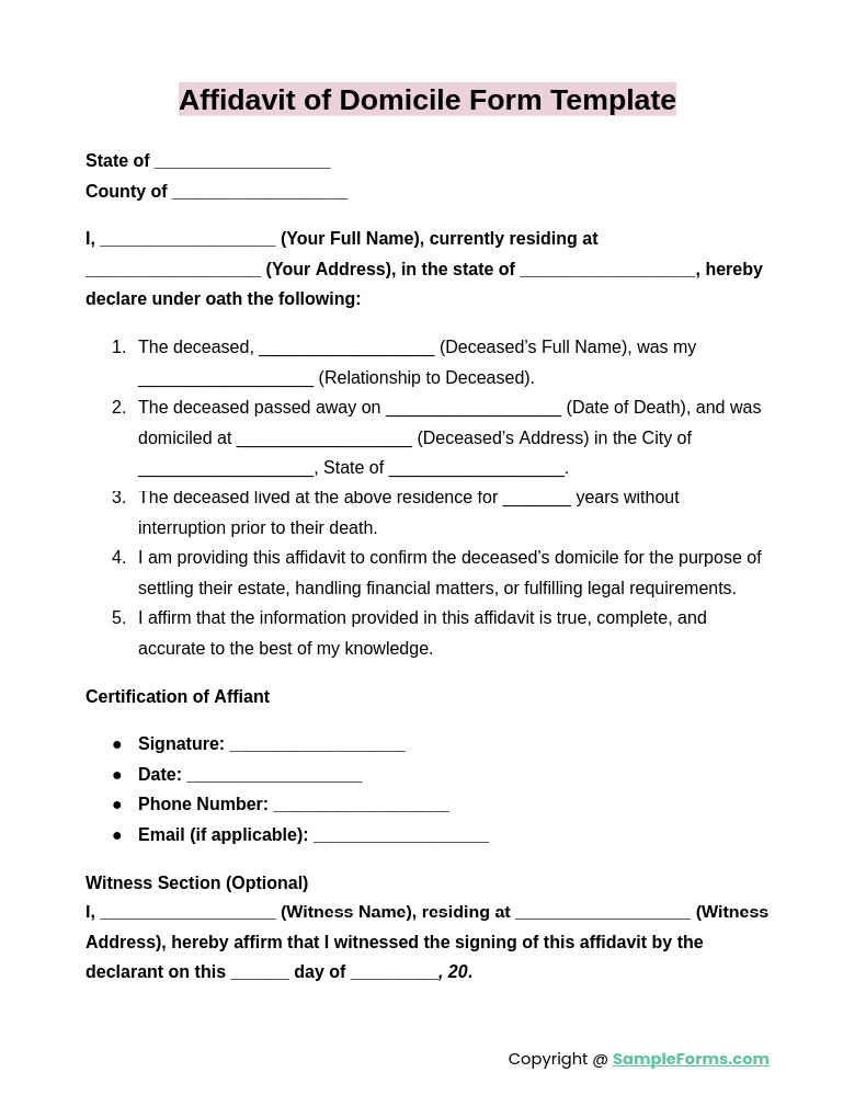 FREE 12+ Affidavit of Domicile Form Samples, PDF, MS Word, Google Docs
