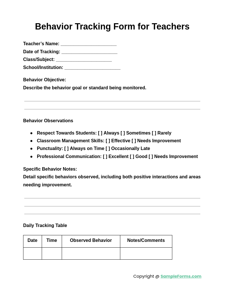 FREE 13+ Behavior Tracking Form Samples, PDF, MS Word, Google Docs