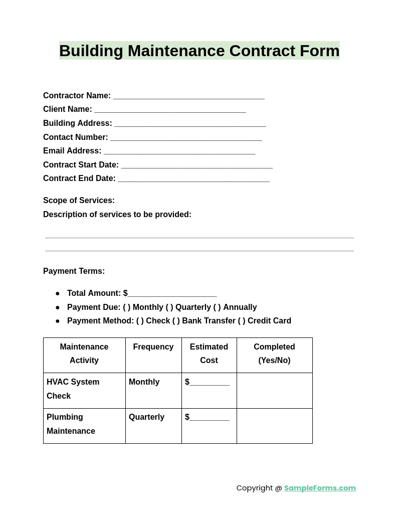 FREE 12+ Maintenance Contract Form Samples, PDF, MS Word, Google Docs