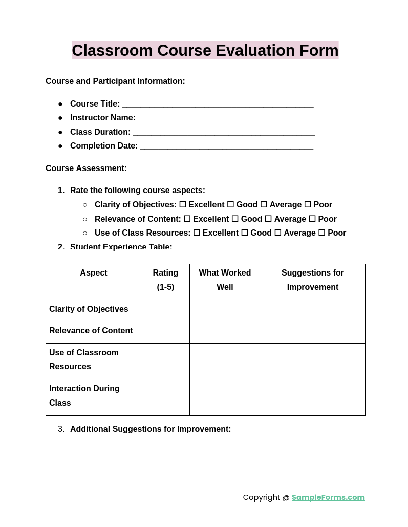 FREE 28+ Course Evaluation Form Samples, PDF, MS Word, Google Docs, Excel