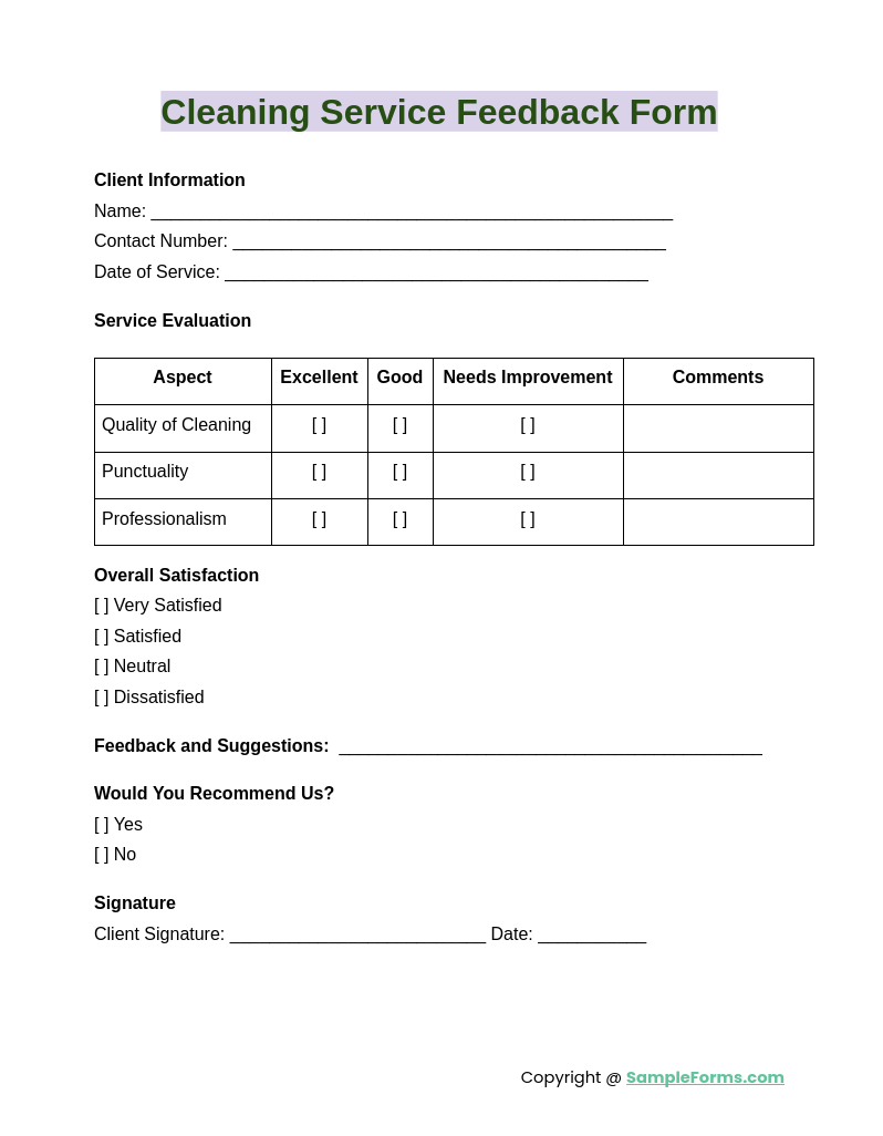 FREE 11+ Cleaning Service Form Samples, PDF, MS Word, Google Docs