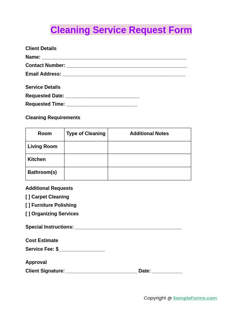 FREE 11+ Cleaning Service Form Samples, PDF, MS Word, Google Docs