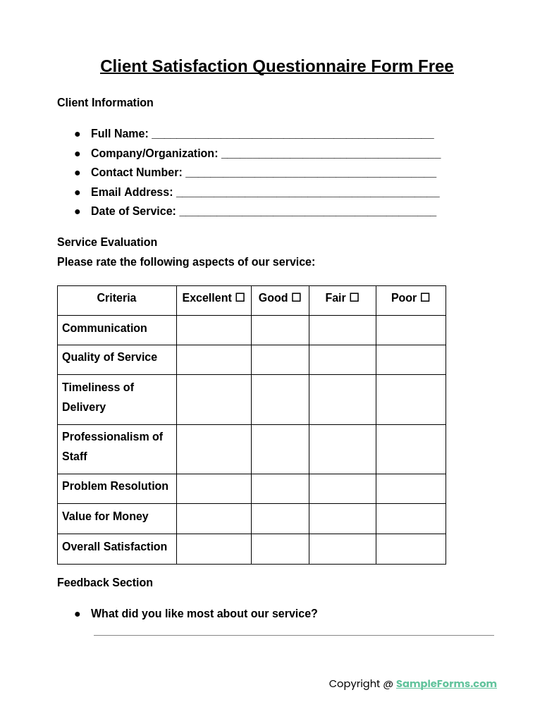 FREE 10+ Client Satisfaction Questionnaire Form Samples, PDF, MS Word ...