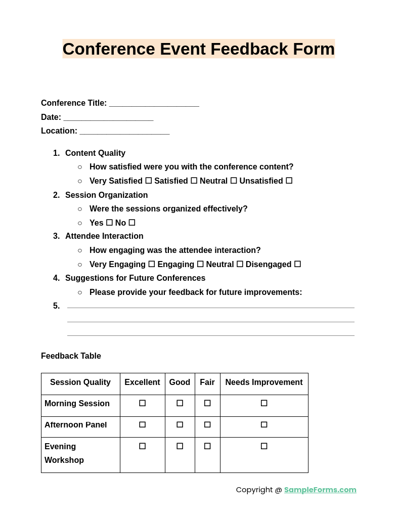 FREE 12+ Event Feedback Form Samples, PDF, MS Word, Google Docs, Excel