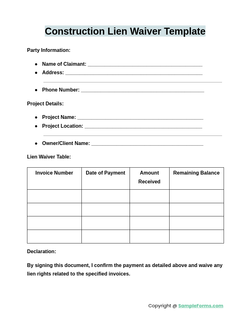 FREE 12+ Construction Lien Waiver Form Samples, PDF, MS Word, Google Docs