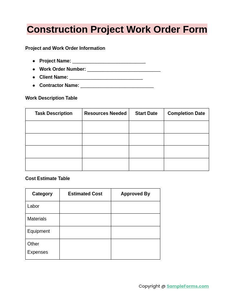 FREE 11+ Construction Work Order Form Samples, PDF, MS Word, Google Docs