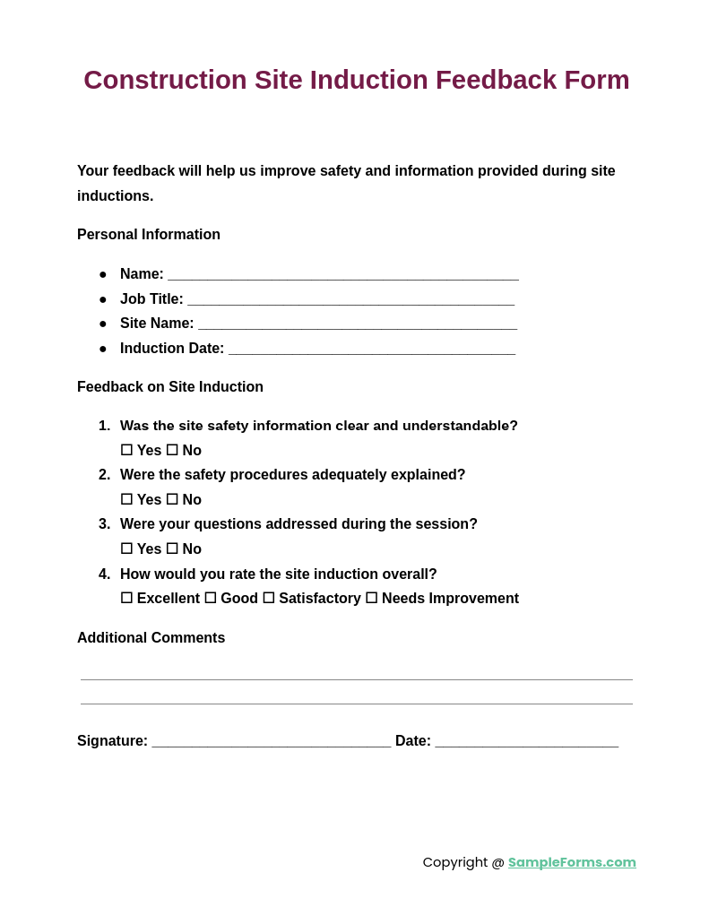 FREE 14+ Induction Feedback Form Samples, PDF, MS Word, Google Docs