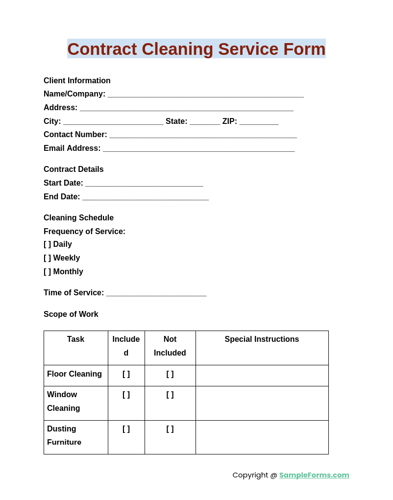 FREE 11+ Cleaning Service Form Samples, PDF, MS Word, Google Docs