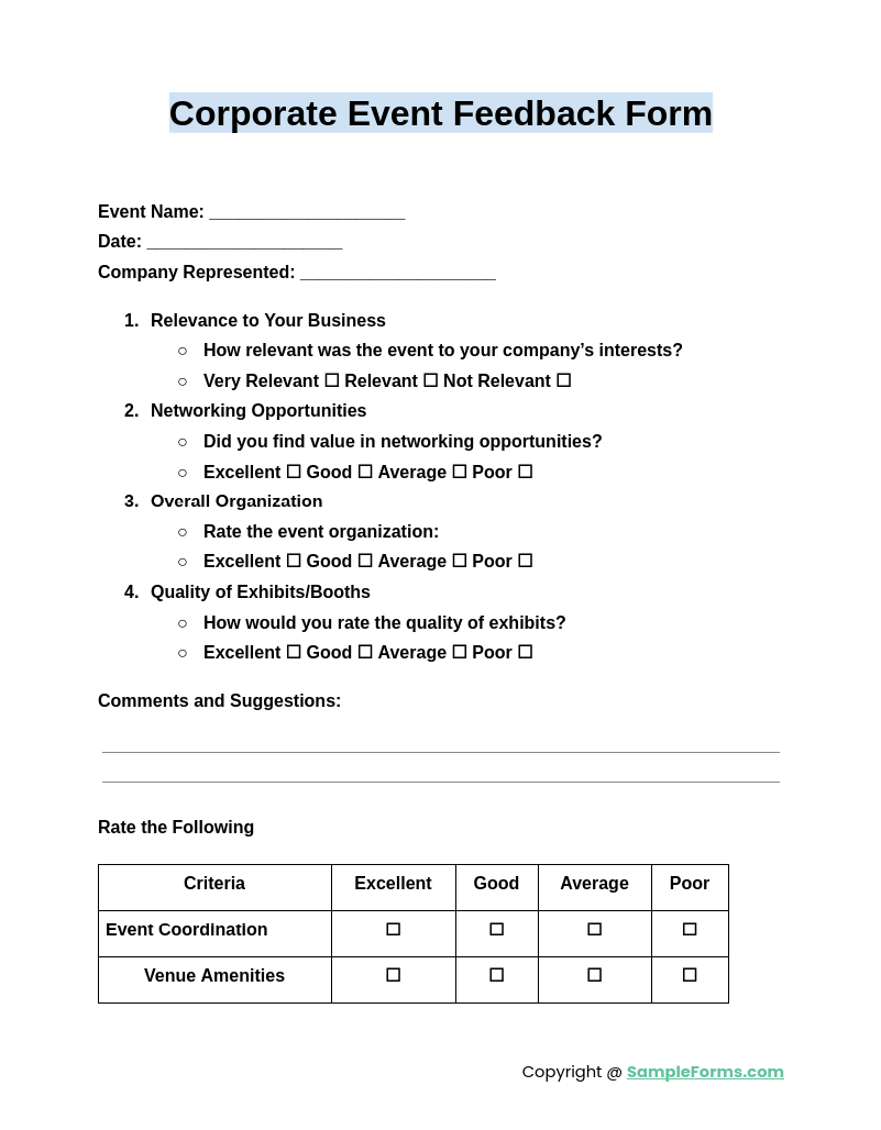 FREE 12+ Event Feedback Form Samples, PDF, MS Word, Google Docs, Excel