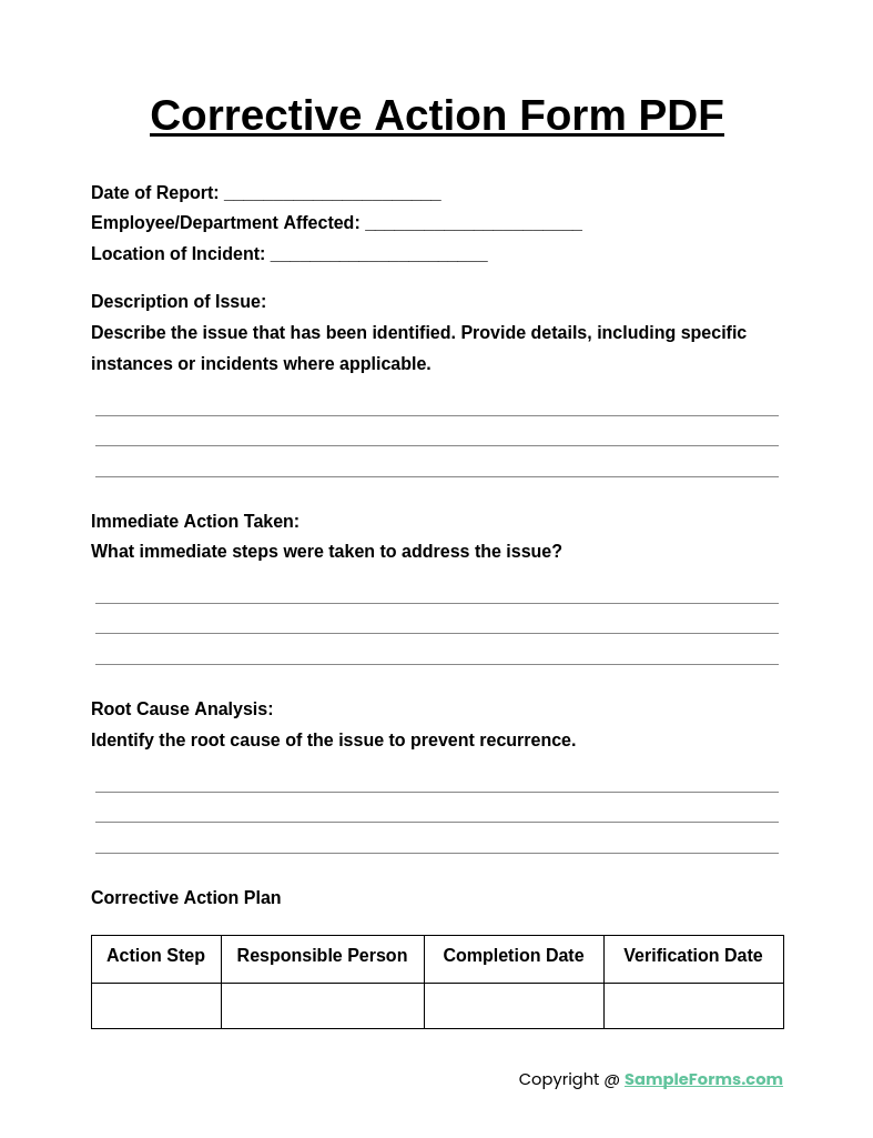 FREE 26+ Corrective Action Form Samples, PDF, MS Word, Google Docs, Excel