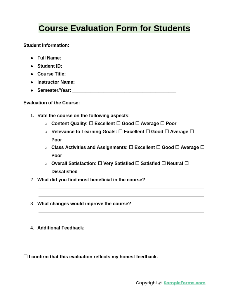 FREE 28+ Course Evaluation Form Samples, PDF, MS Word, Google Docs, Excel