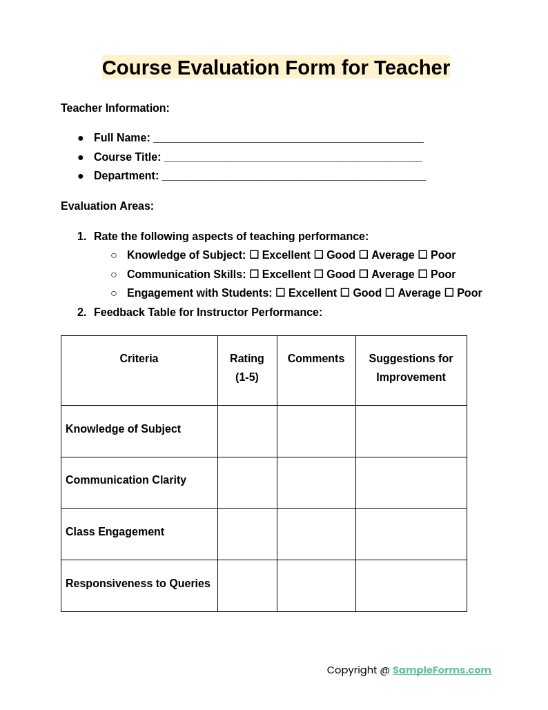 FREE 29+ Course Evaluation Form Samples, PDF, MS Word, Google Docs, Excel