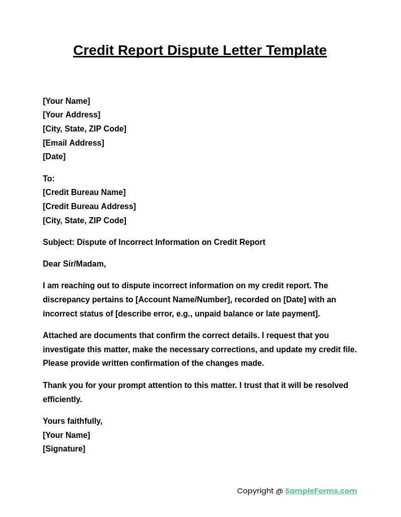 FREE 11+ Credit Report Dispute Letter Samples, PDF, MS Word, Google Docs