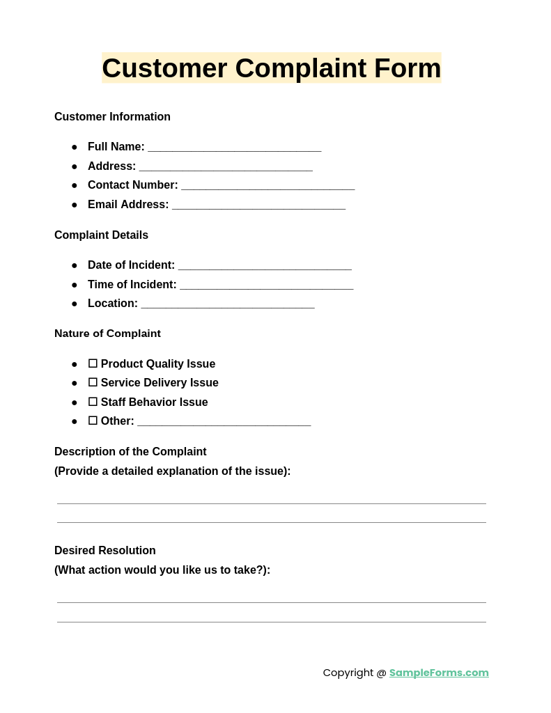 FREE 46+ Complaint Form Samples, PDF, MS Word, Google Docs, Excel