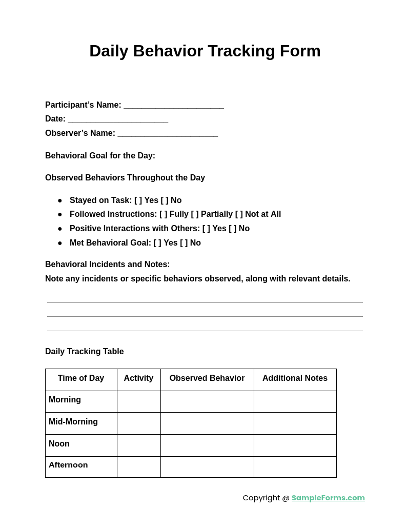 FREE 13+ Behavior Tracking Form Samples, PDF, MS Word, Google Docs
