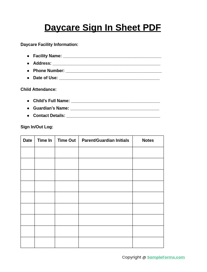 FREE 10+ Daycare Sign In Sheet Samples, PDF, MS Word, Google Docs