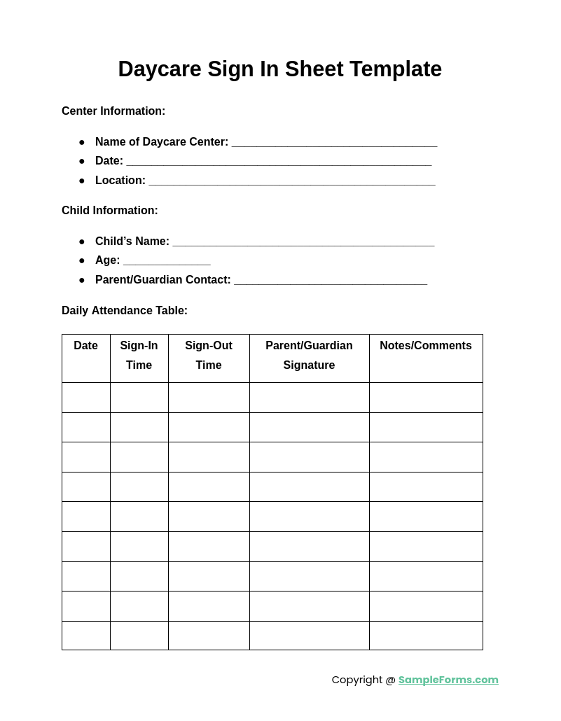 FREE 10+ Daycare Sign In Sheet Samples, PDF, MS Word, Google Docs
