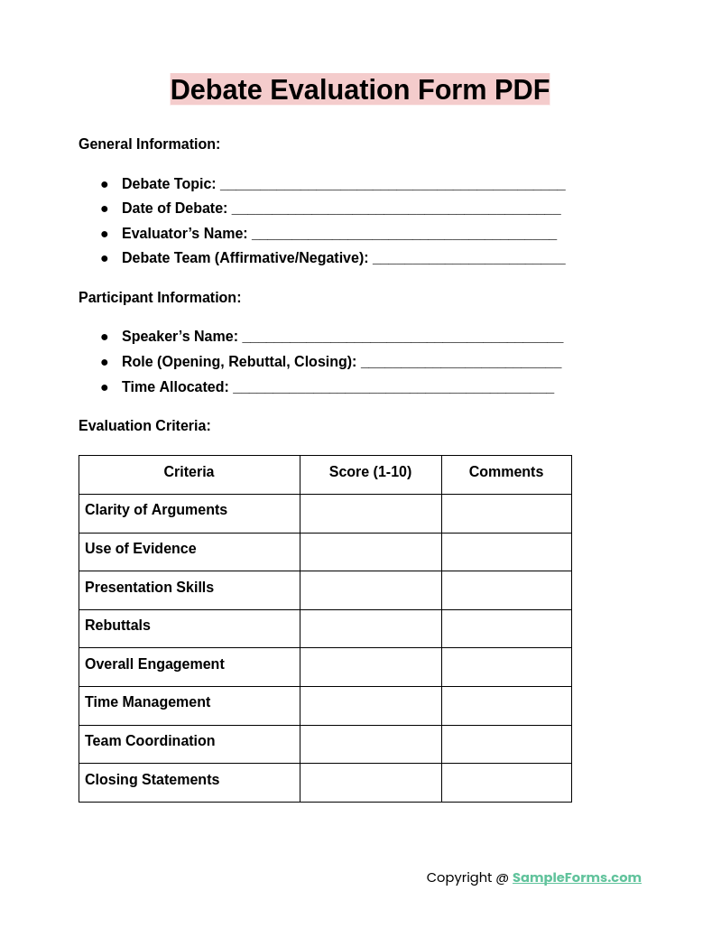 FREE 18+ Debate Evaluation Form Samples, PDF, MS Word, Google Docs