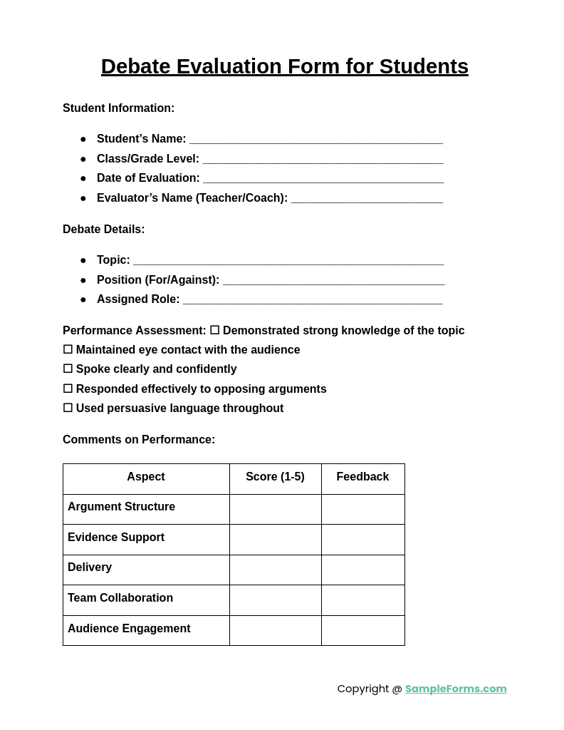 FREE 18+ Debate Evaluation Form Samples, PDF, MS Word, Google Docs