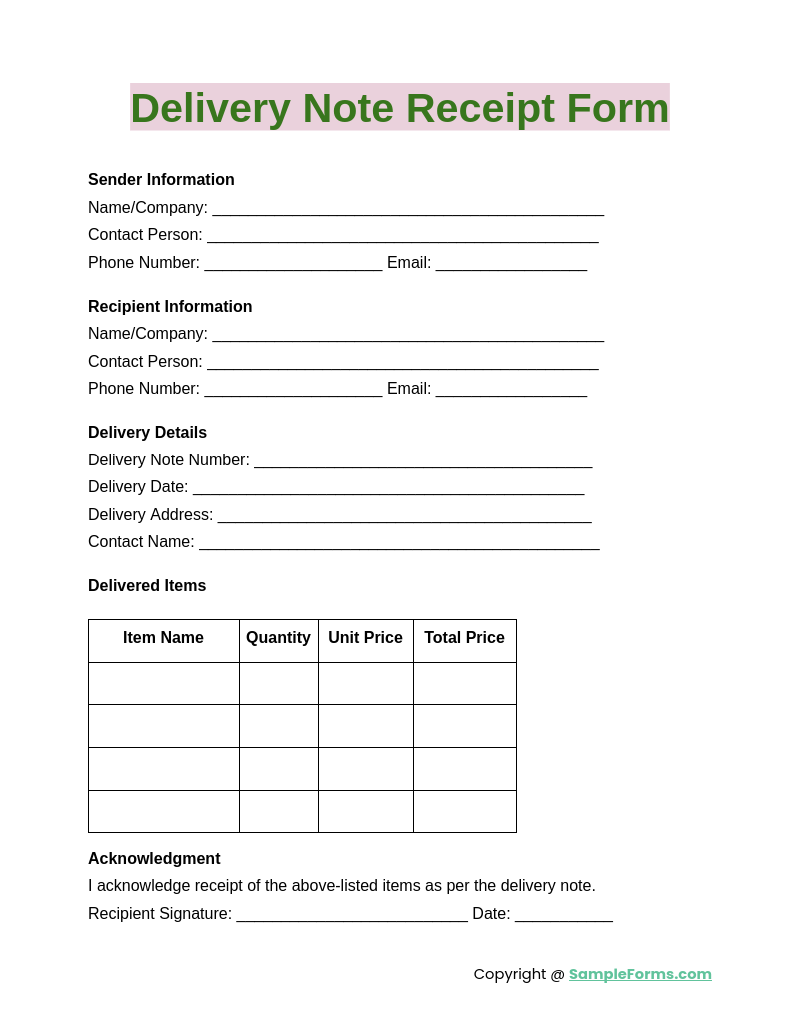 FREE 10+ Delivery Receipt Form Samples, PDF, MS Word, Google Docs