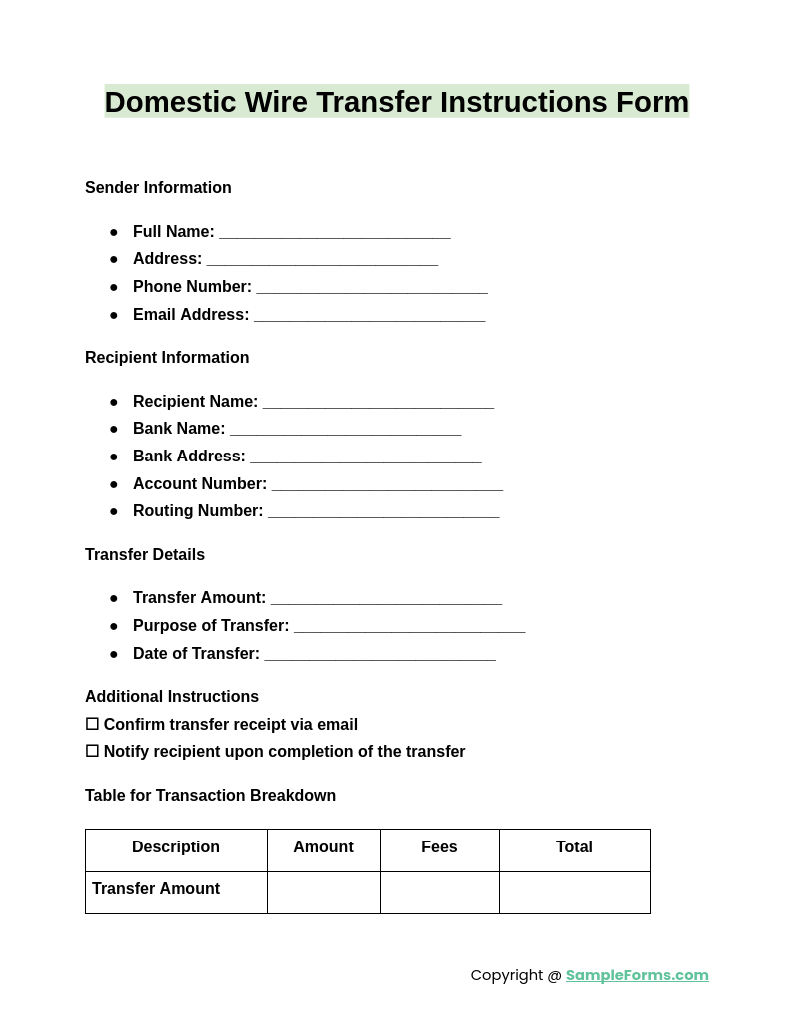 FREE 13+ Wire Transfer Instructions Form Samples, PDF, MS Word, Google Docs
