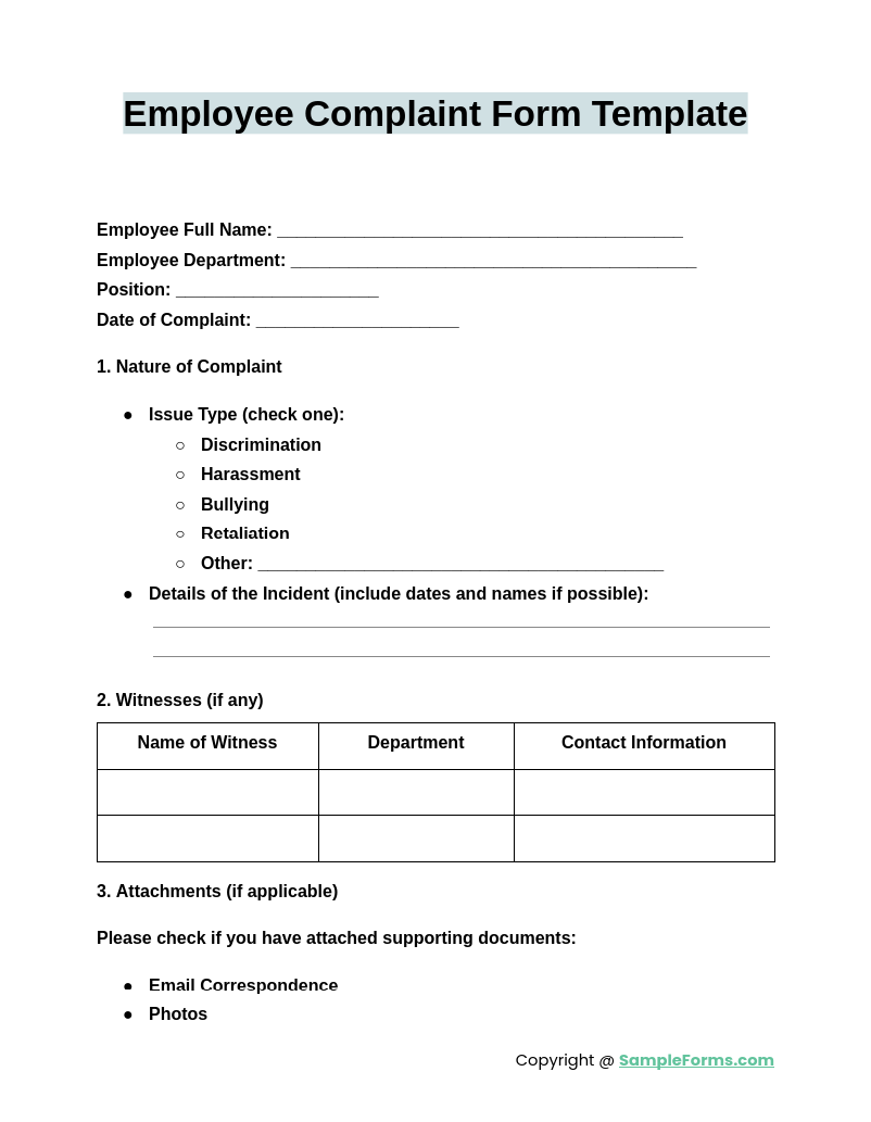 FREE 13+ Employee Complaint Form Samples, PDF, MS Word, Google Docs