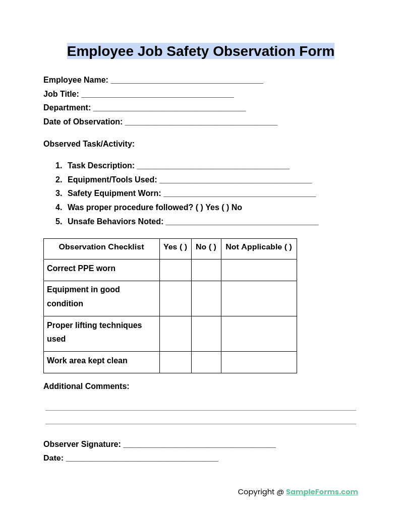 FREE 10+ Job Safety Observation Form Samples, PDF, MS Word, Google Docs