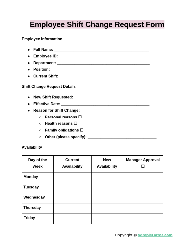 FREE 12+ Shift Change Request Form Samples, PDF, MS Word, Google Docs