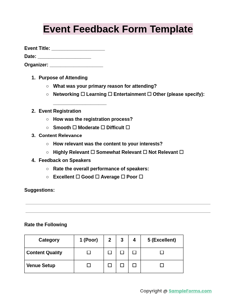 FREE 12+ Event Feedback Form Samples, PDF, MS Word, Google Docs, Excel