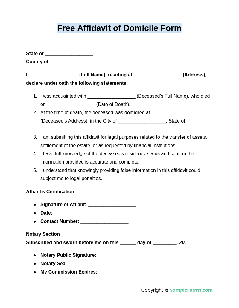 FREE 12+ Affidavit of Domicile Form Samples, PDF, MS Word, Google Docs