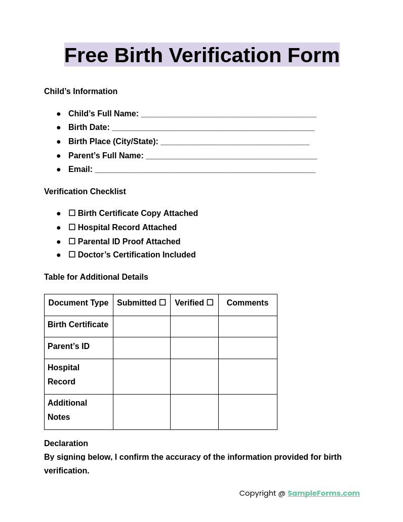 FREE 13+ Birth Verification Form Samples, PDF, MS Word, Google Docs