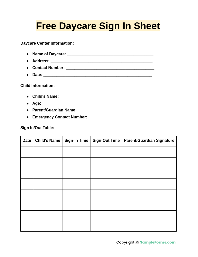 FREE 10+ Daycare Sign In Sheet Samples, PDF, MS Word, Google Docs