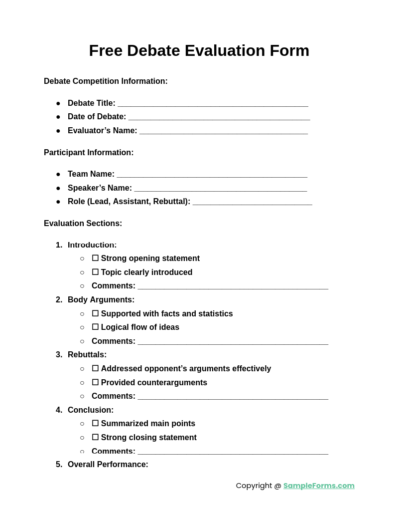 FREE 18+ Debate Evaluation Form Samples, PDF, MS Word, Google Docs