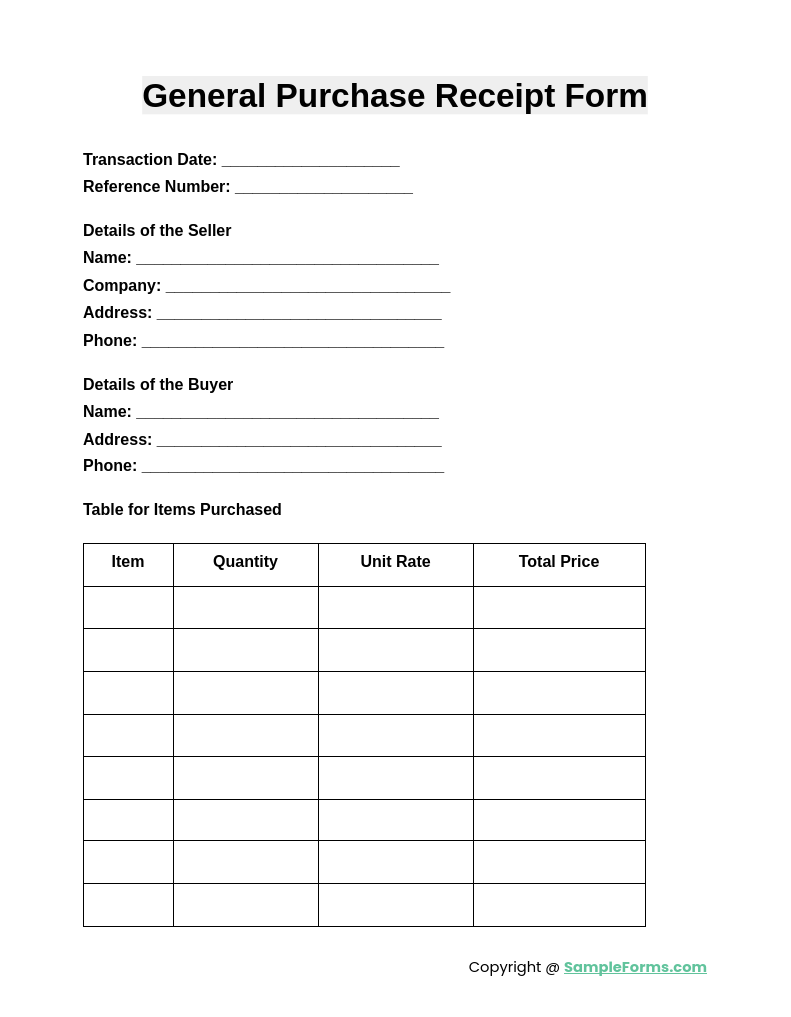 FREE 14+ Purchase Receipt Form Samples, PDF, MS Word, Google Docs, Excel
