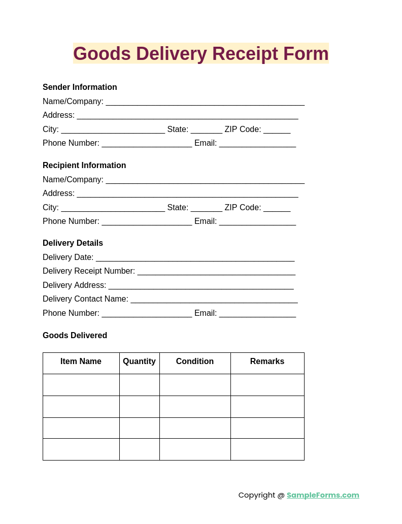 FREE 10+ Delivery Receipt Form Samples, PDF, MS Word, Google Docs