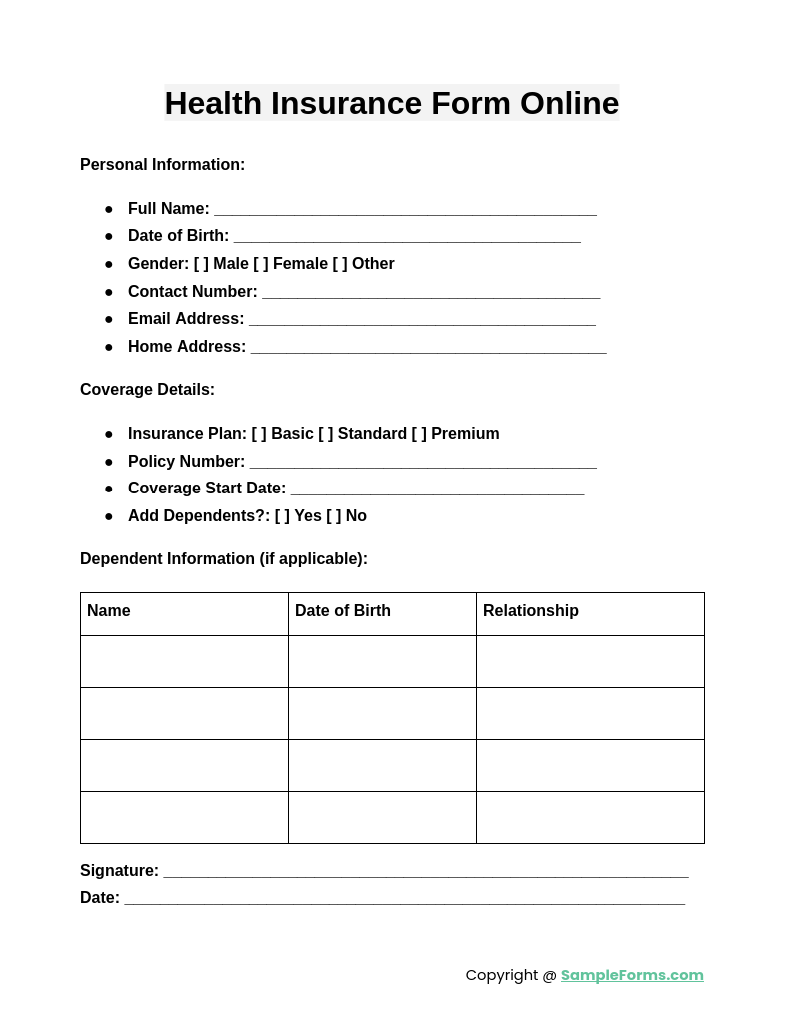 FREE 13+ Health Insurance Form Samples, PDF, MS Word, Google Docs
