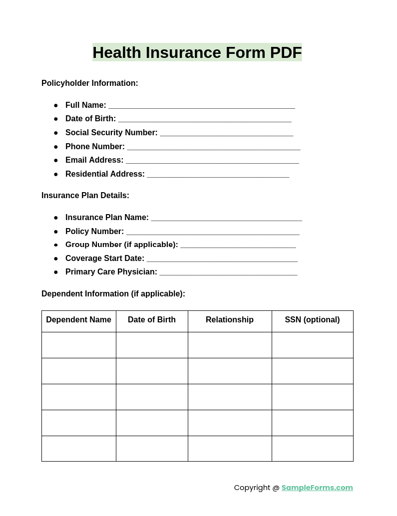 FREE 13+ Health Insurance Form Samples, PDF, MS Word, Google Docs