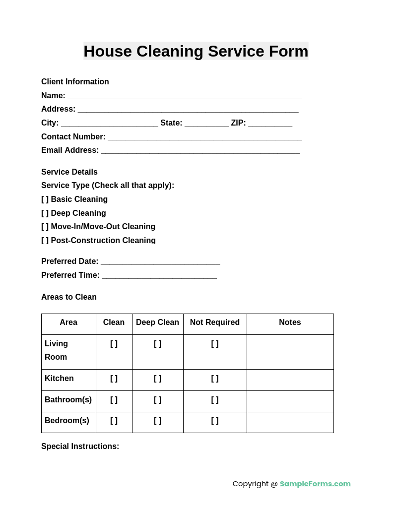 FREE 11+ Cleaning Service Form Samples, PDF, MS Word, Google Docs