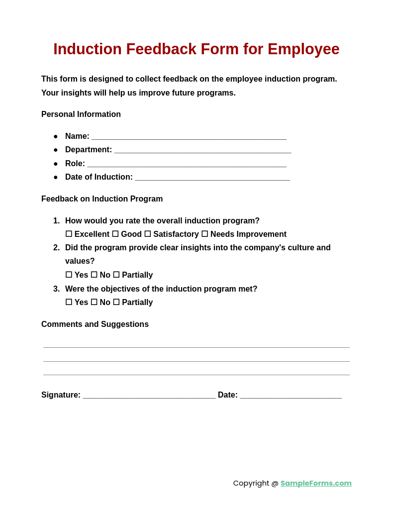FREE 14+ Induction Feedback Form Samples, PDF, MS Word, Google Docs