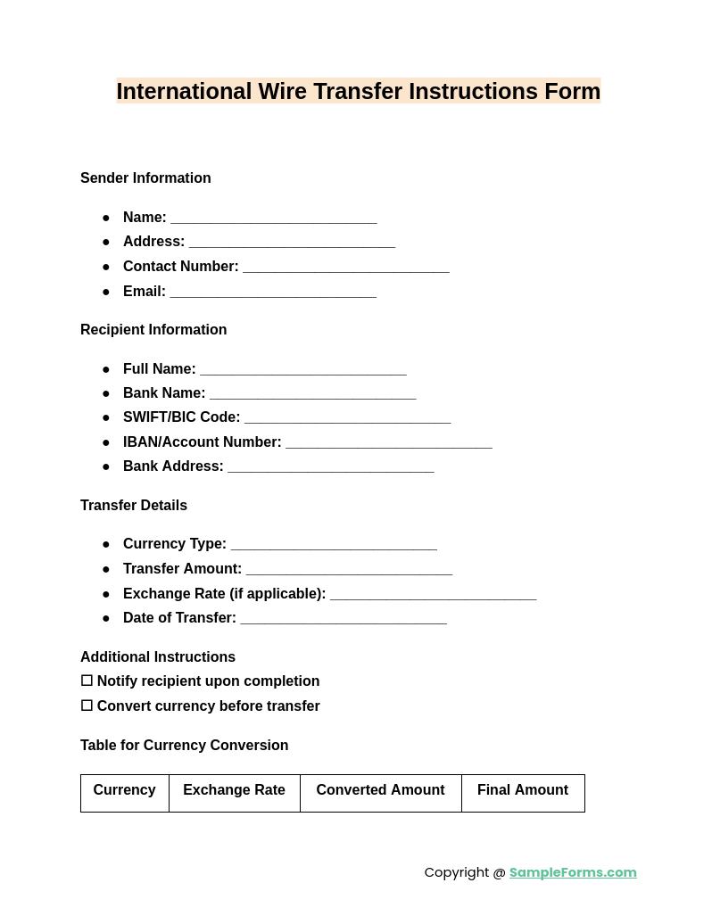 FREE 13+ Wire Transfer Instructions Form Samples, PDF, MS Word, Google Docs