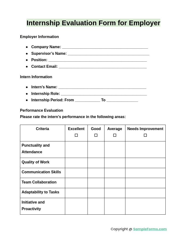 FREE 27+ Internship Evaluation Form Samples, PDF, MS Word, Google Docs