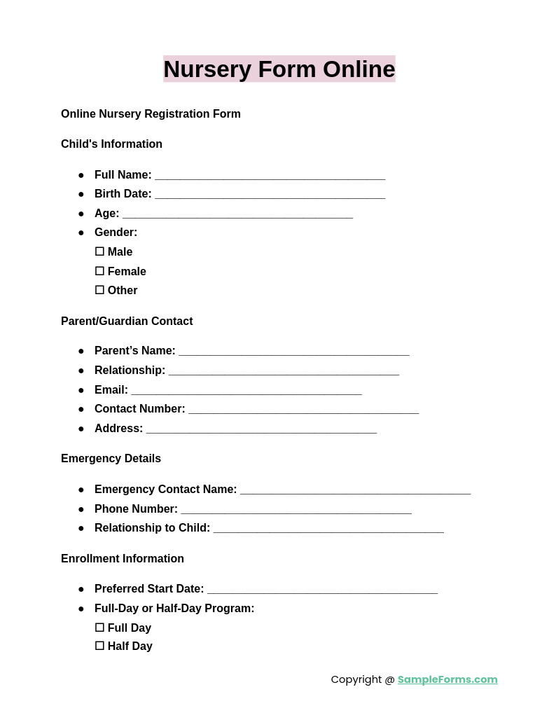 FREE 34+ Nursery Form Samples, PDF, MS Word, Google Docs