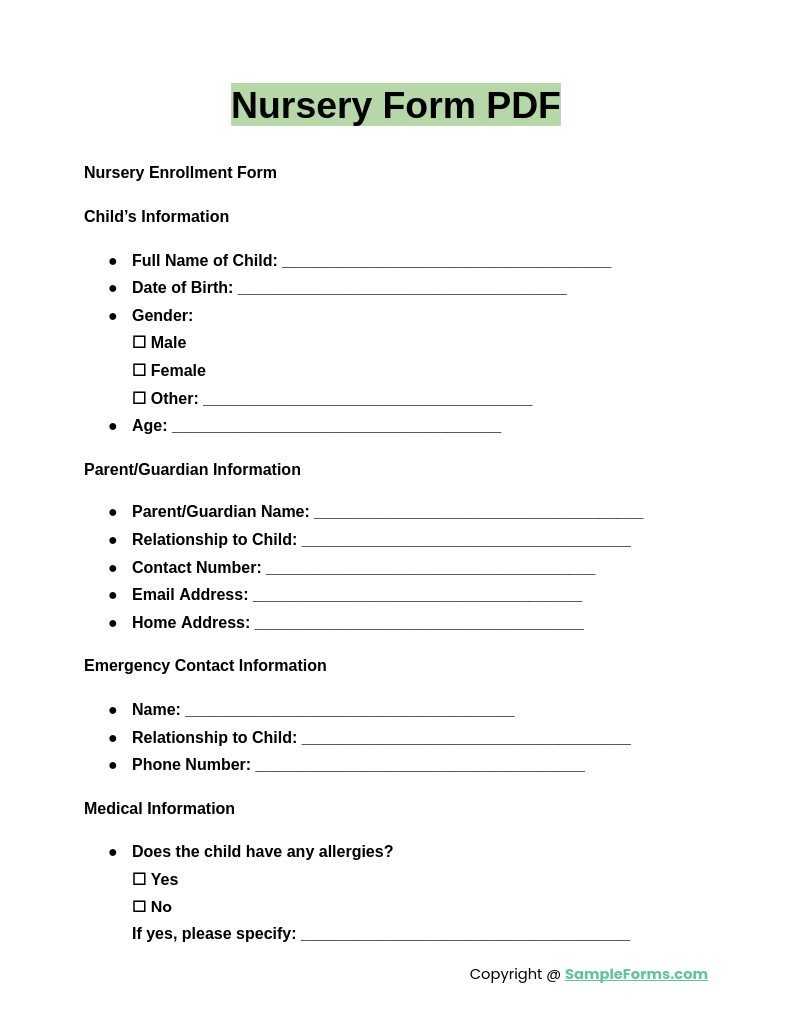 FREE 34+ Nursery Form Samples, PDF, MS Word, Google Docs